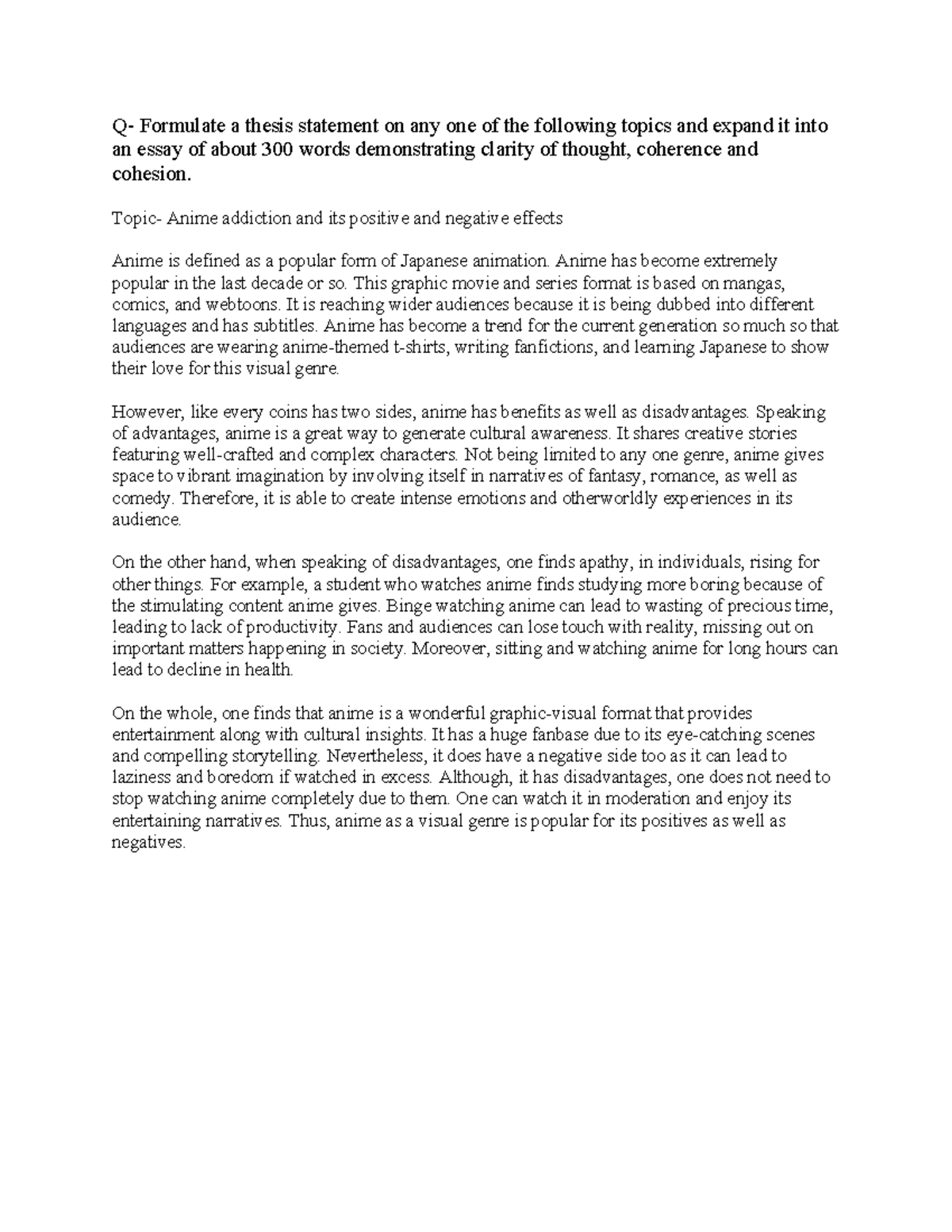 Anime essay - Q- Formulate a thesis statement on any one of the ...