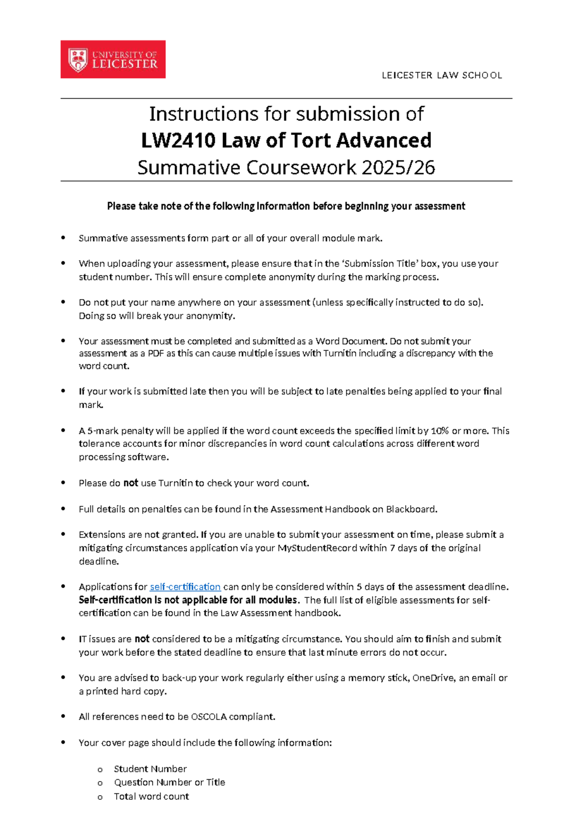 LW2410 Law of Tort: Submission Instructions for Advanced Coursework ...