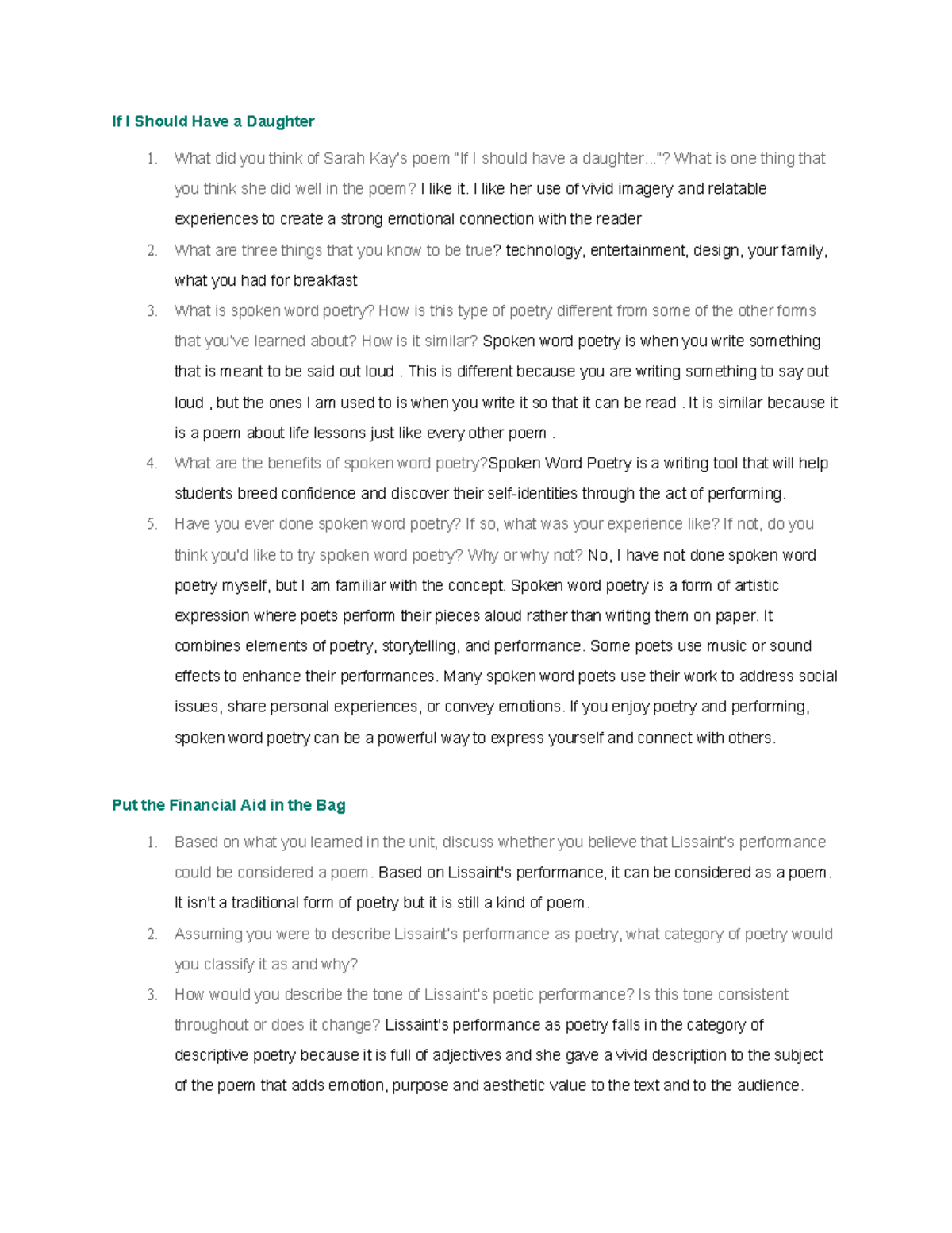 Unit 7 Lab: ELA - Creative Writing & Spoken Word Poetry Insights - Studocu