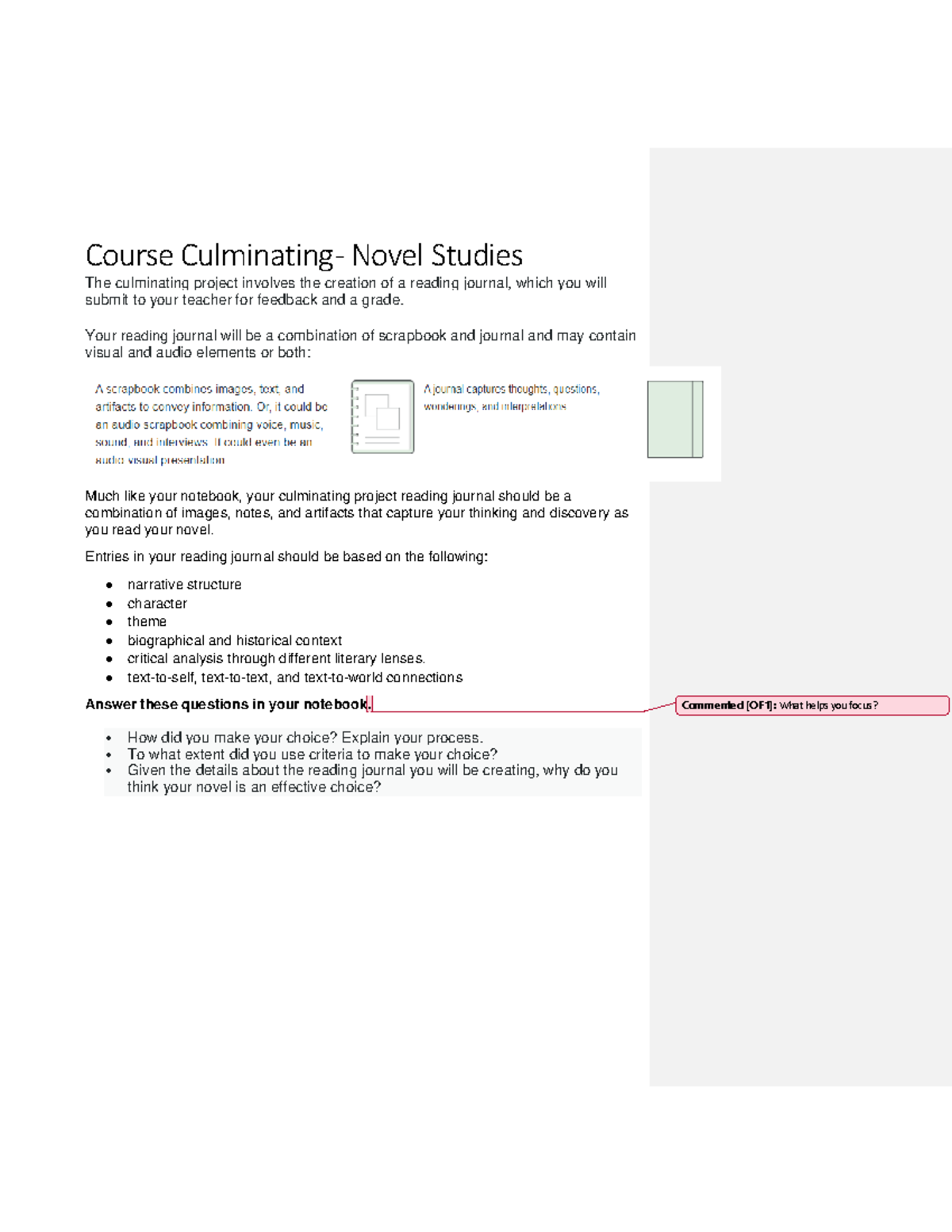 ENG4U1 Culminating Novel Study: The Great Gatsby Reading Journal - Studocu