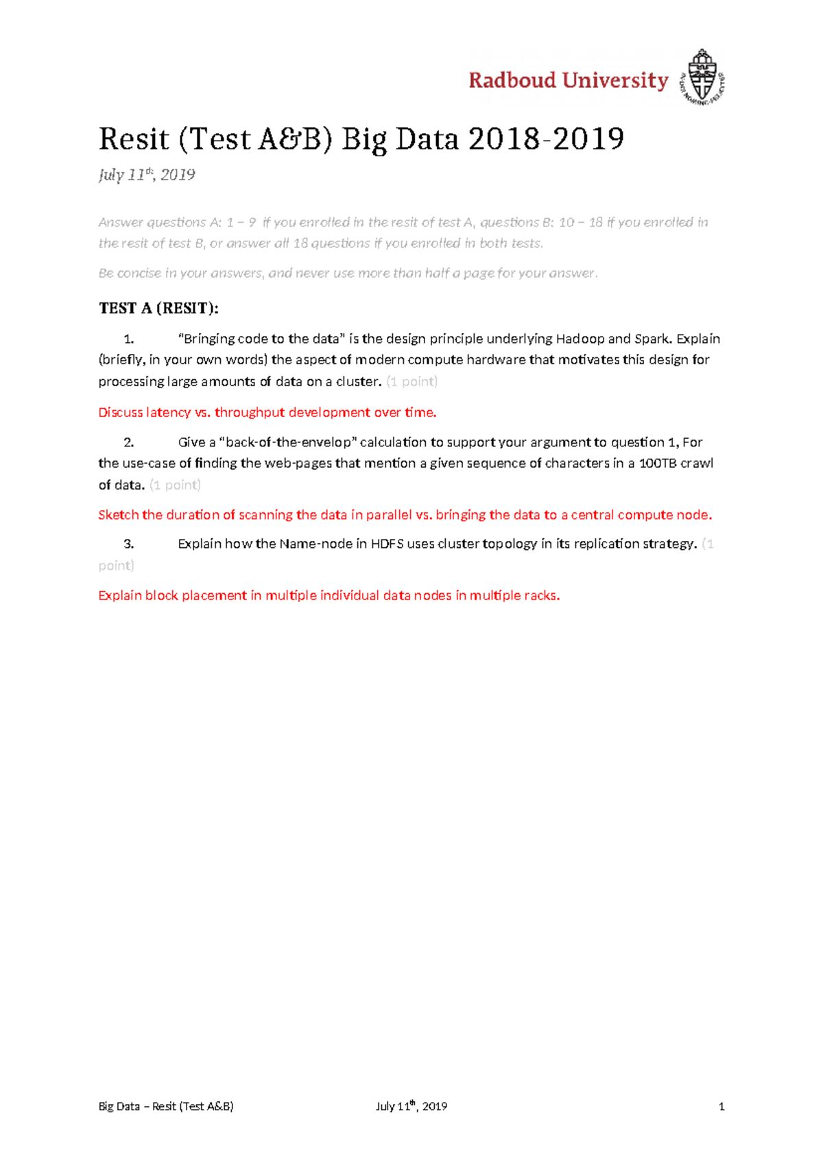 Resit Exam AB 1819: Big Data Test A & B Questions and Answers - Studeersnel