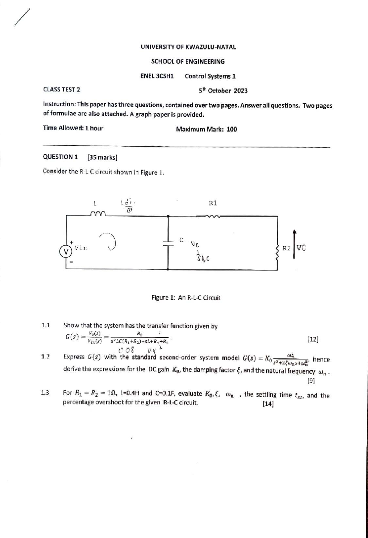 Control Systems 1 ENEL 3CSH1 Class Test 2 - October 2023 - Studocu