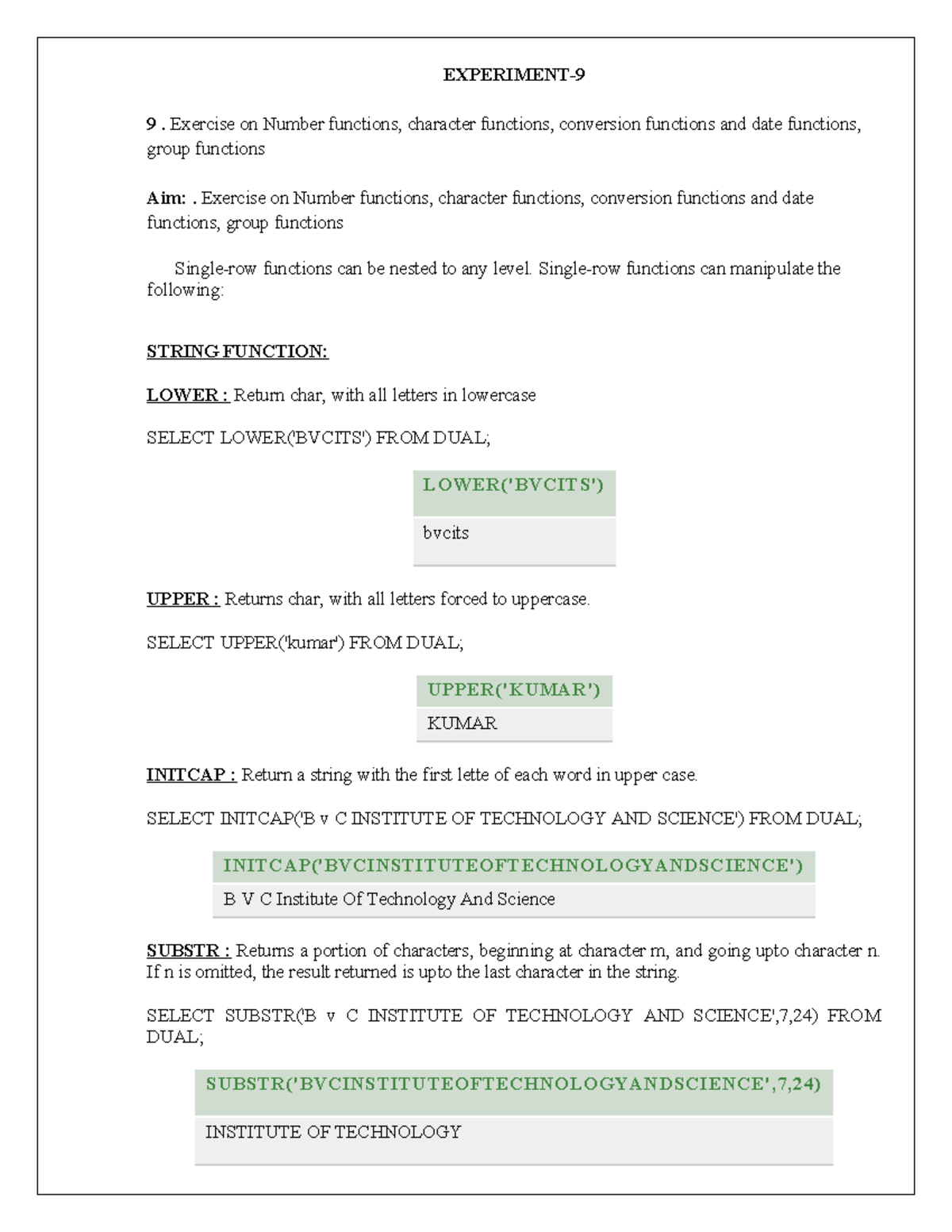 DBMS-Experiment-9: Functions in SQL - Number, Character, Date, and ...