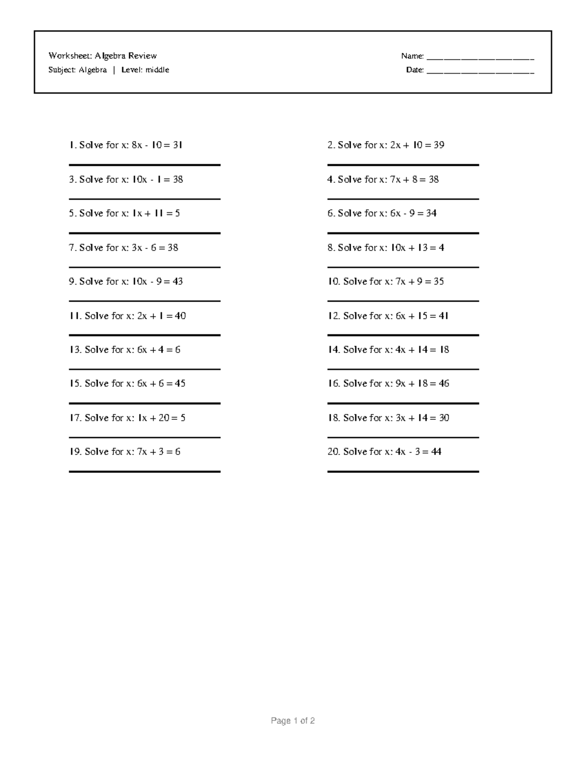 Algebra Worksheet: Middle Level Review Exercises - Studocu