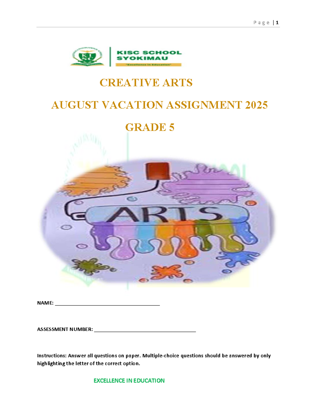 Creative Arts 2 2025 - Grade 5 Vacation Assignment Notes - Studocu