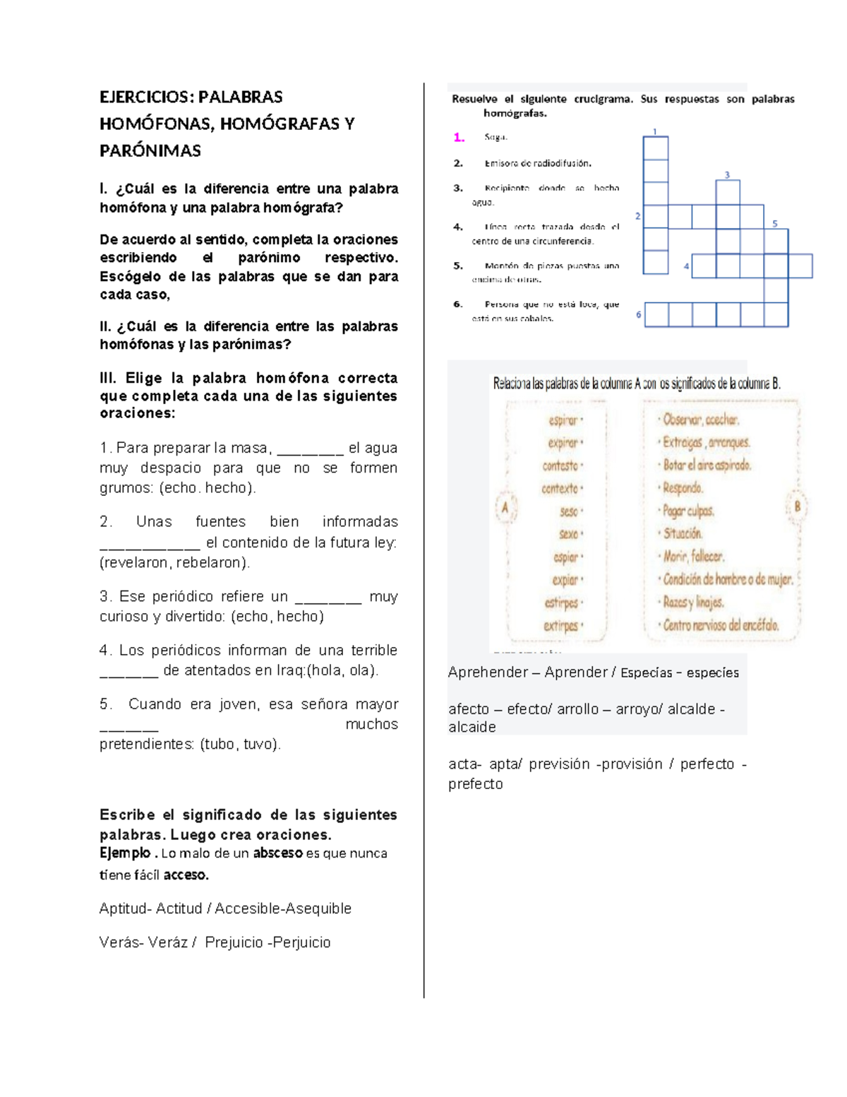 Ejercicios de Palabras Homófonas, Homógrafas y Parónimas - Curso ...
