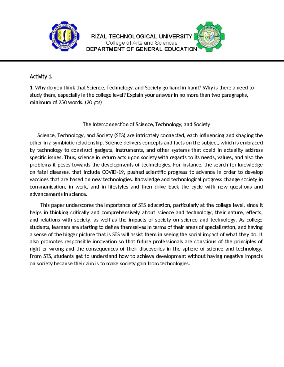 Activity 1: Exploring the Interconnection of Science, Technology ...