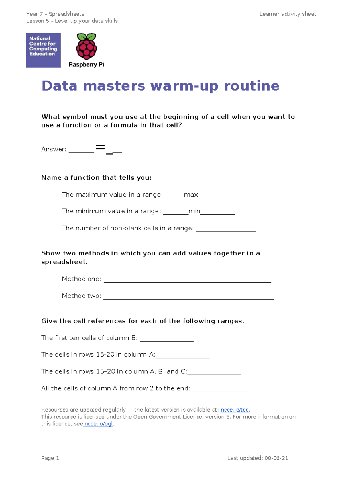 Year 7 Spreadsheets Lesson 5: Functions Warm-Up Activity - Studocu