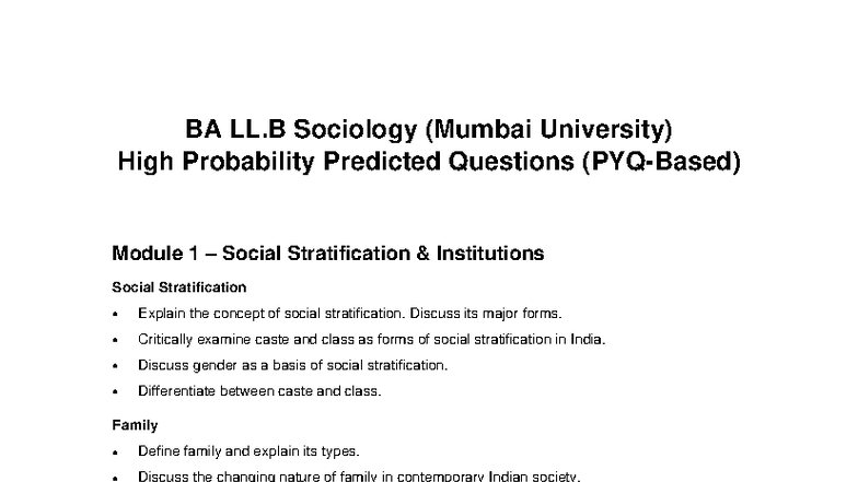 High Probability Predicted Questions for BA LL.B Sociology (MU) - Studocu
