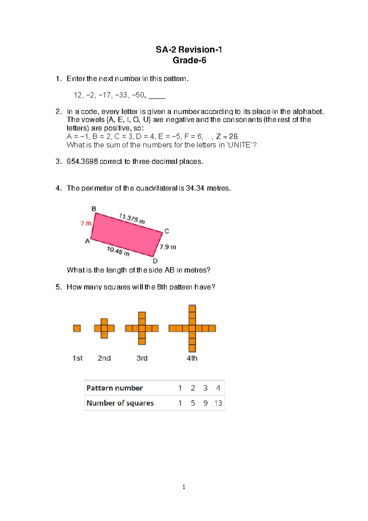 Math Worksheet: SA-2 Revision for Grade Level Activities - Studocu