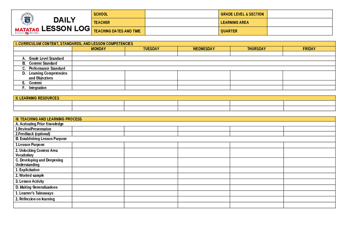 Matatag-DLL Template - Lesson Plan for Grade Level Standards - Studocu