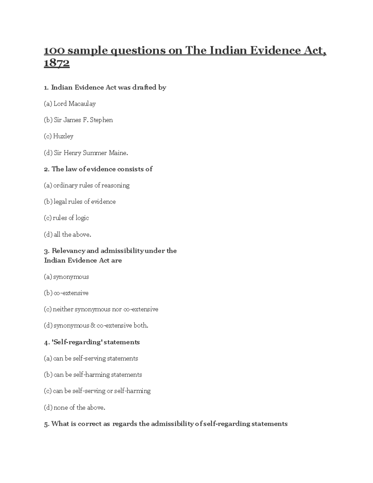 2007 2015053158100 sample questions on The Indian Evidence Act - 100 ...