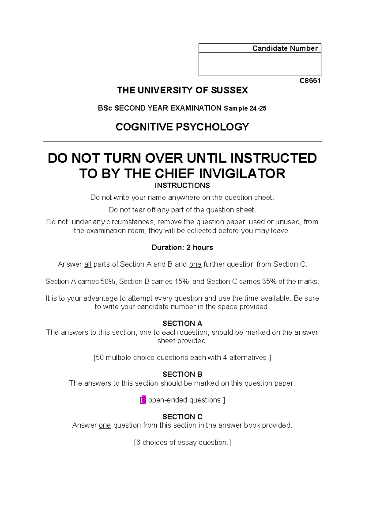Sample Paper C8551 Cognitive Psychology 2024-25 WITH Answers ...