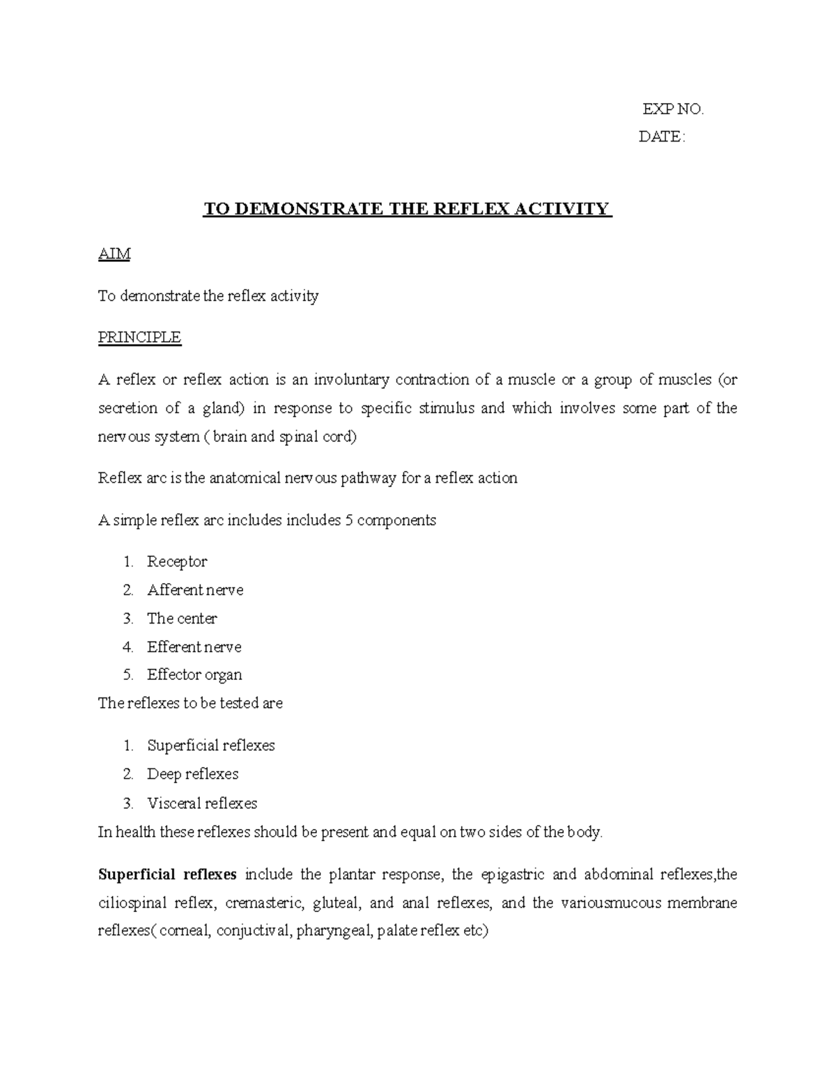 Neurological Examination of Reflex Activity: Laboratory Guide - Studocu