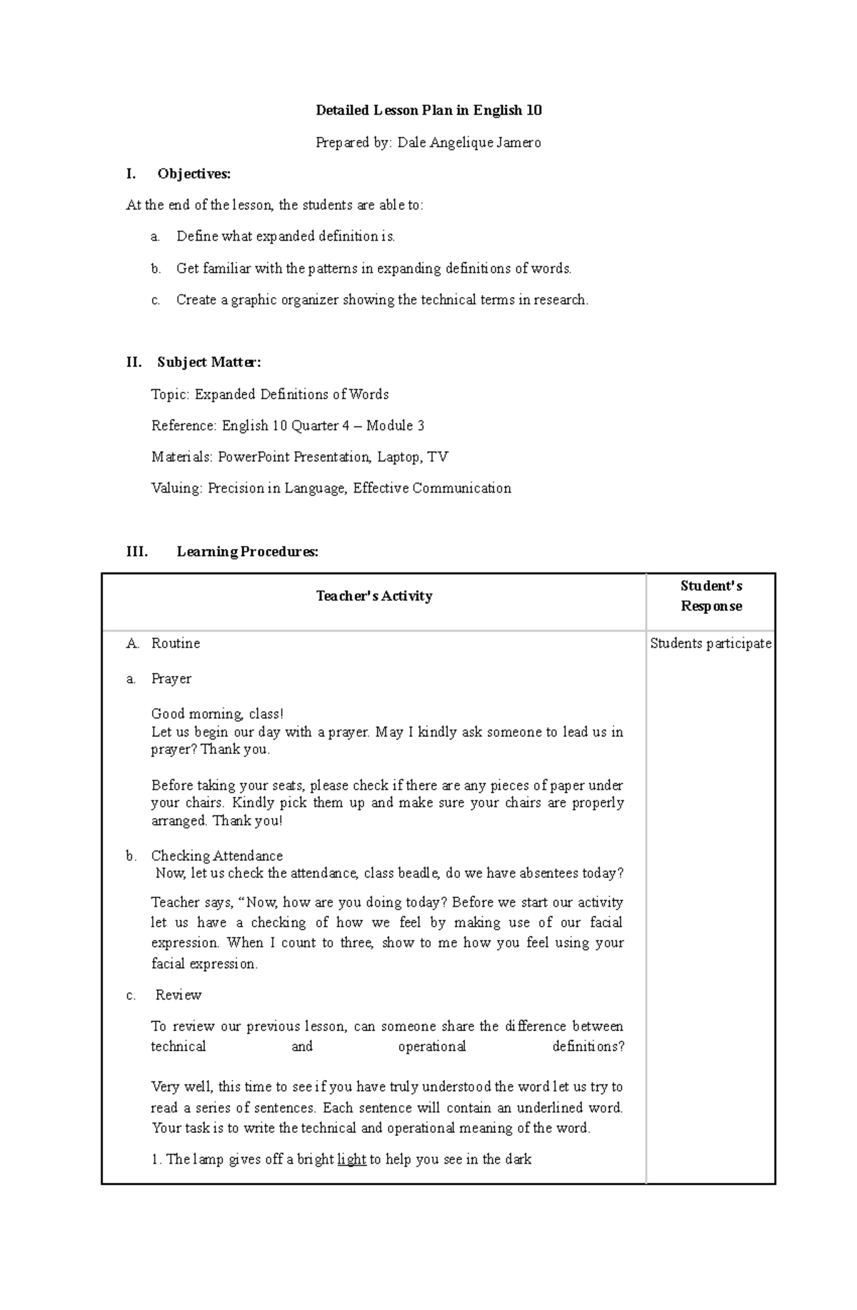 English 10 Detailed Lesson Plan: Expanded Definitions of Words - Studocu