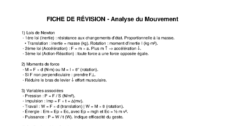 FICHE DE RÉVISION FICHE Analyse du Mouvement - Lois de Newton - Studocu