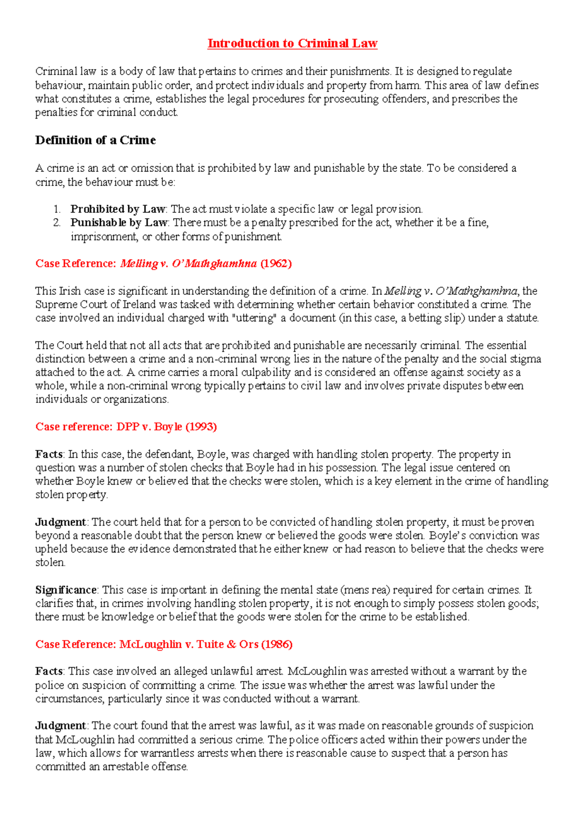 Introduction to Criminal Law - FE1 Course Notes on Key Concepts - Studocu