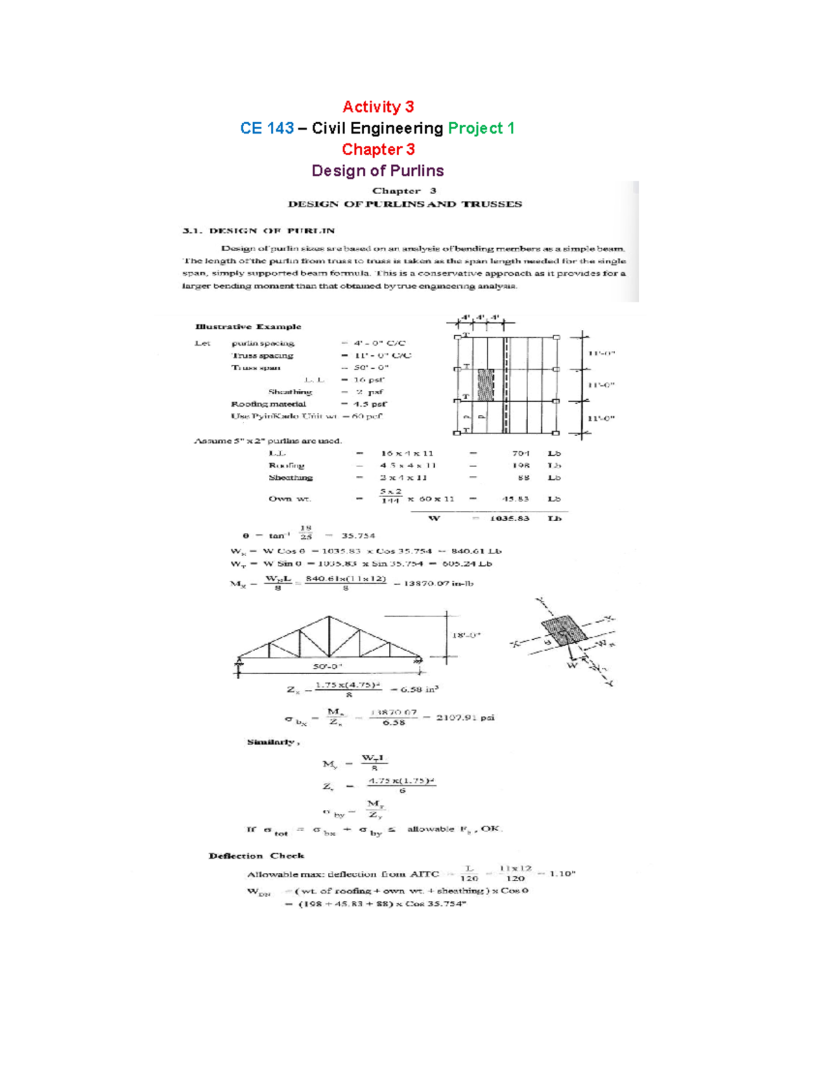 CE 143 Civil Engineering Project 1: Chapter 3 Purlin Load Calculations ...