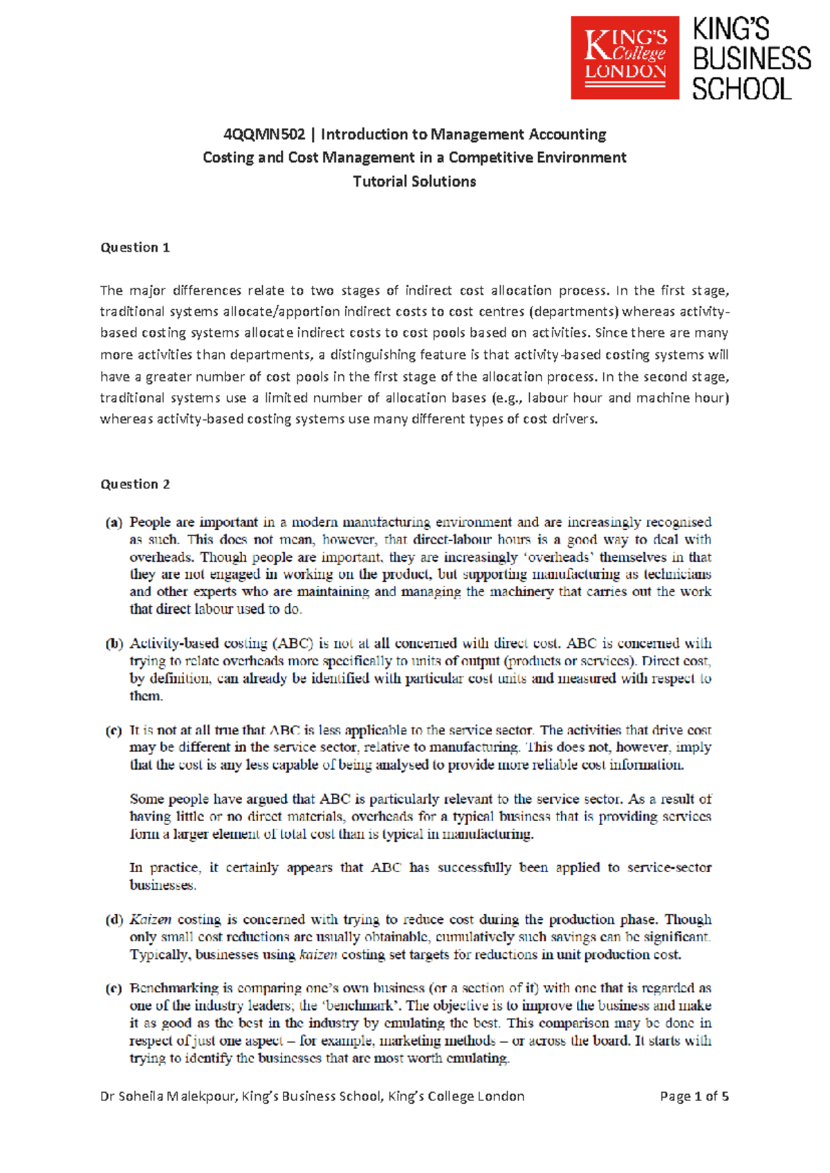 4QQMN502 | Management Accounting Tutorial Solutions - Studocu