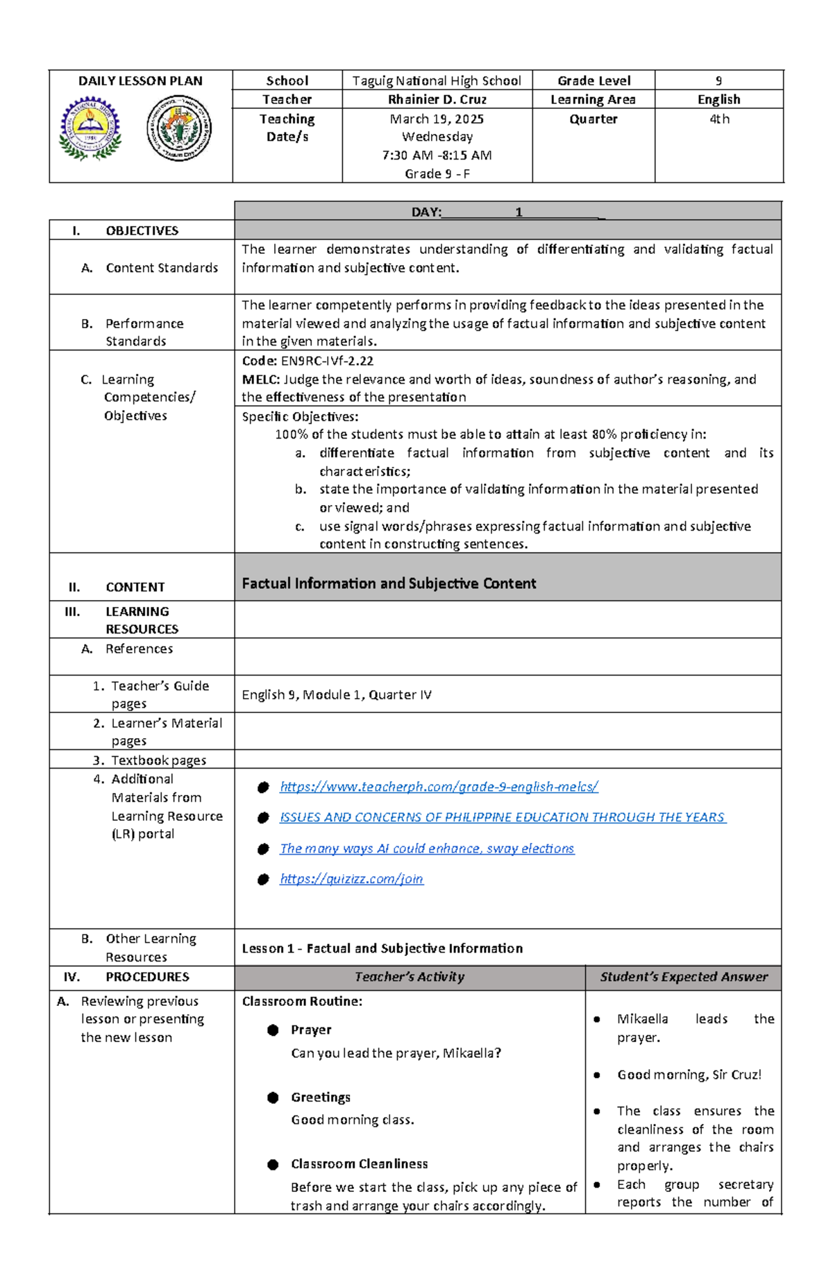DAILY LESSON PLAN: Factual & Subjective Info - English 9 (Q1) - Studocu