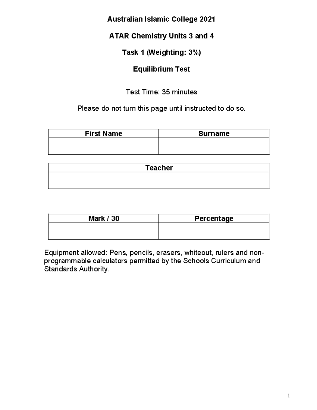 Year 12 Chemistry 2021 ATAR Task 1: Equilibrium Test - Studocu