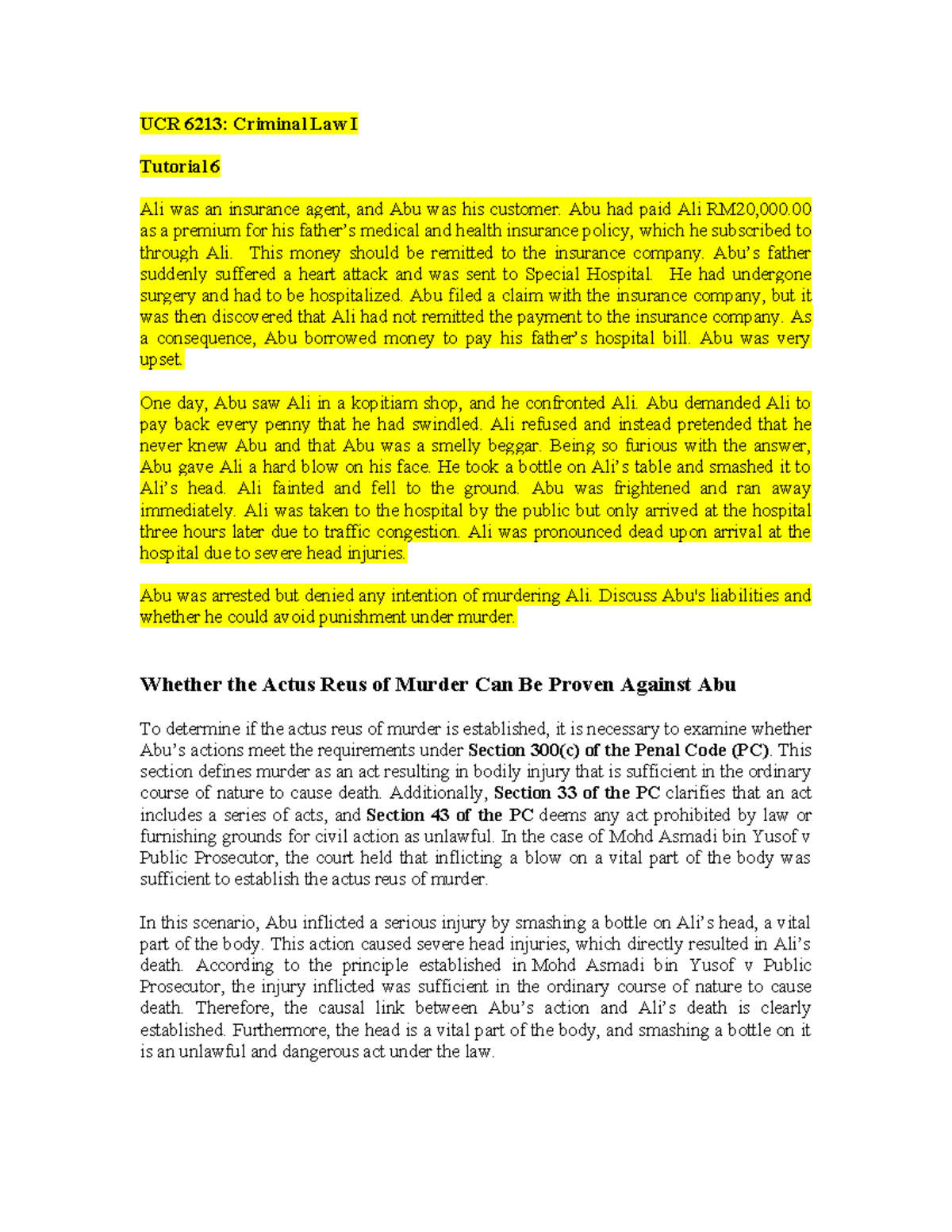 Tutorial 6 - tuto 6 :)) - UCR 6213: Criminal Law I Tutorial 6 Ali was ...