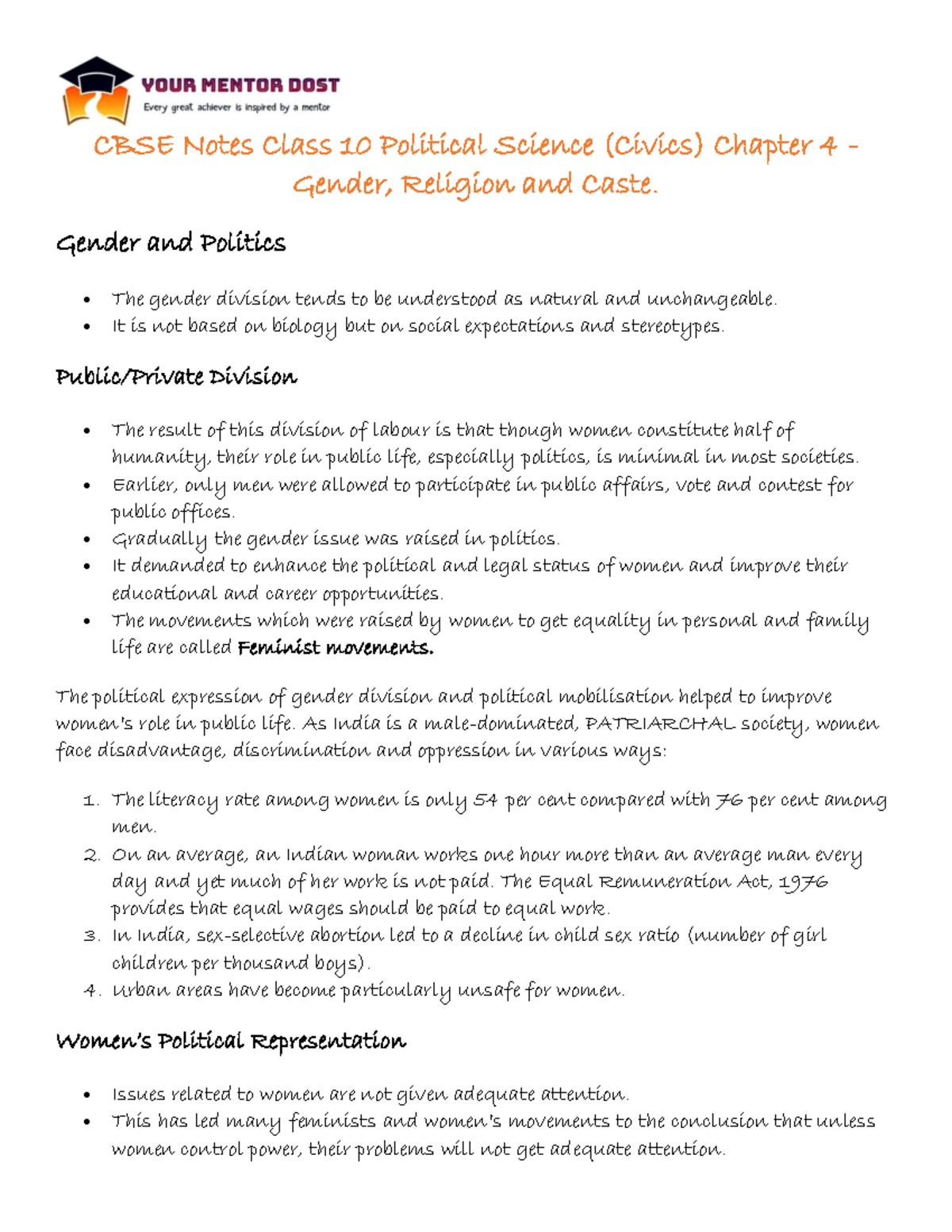 CBSE Class 10 Political Science Notes: Gender, Religion & Caste - Studocu