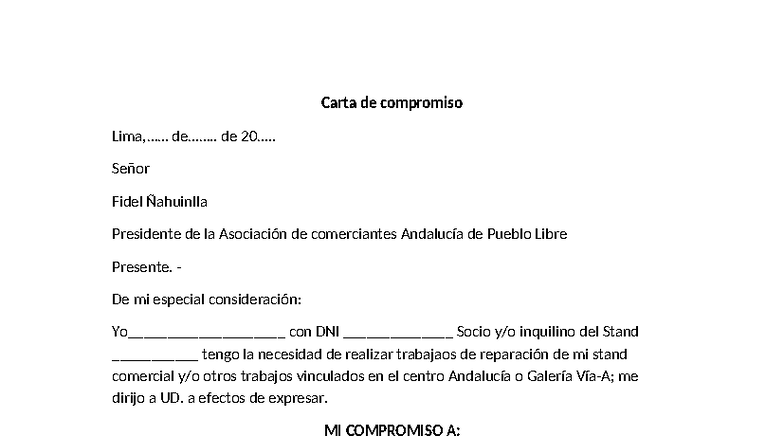 Carta de Compromiso de Trabajo para Stand Comercial en Andalucía - Studocu