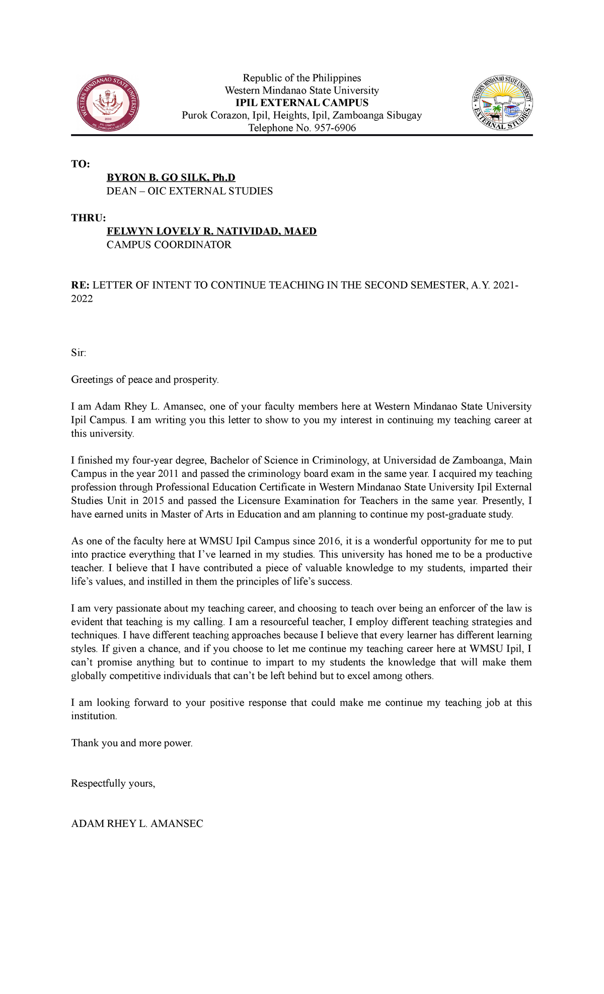 Letter-of-Intent - Ian - Republic of the Philippines Western Mindanao ...