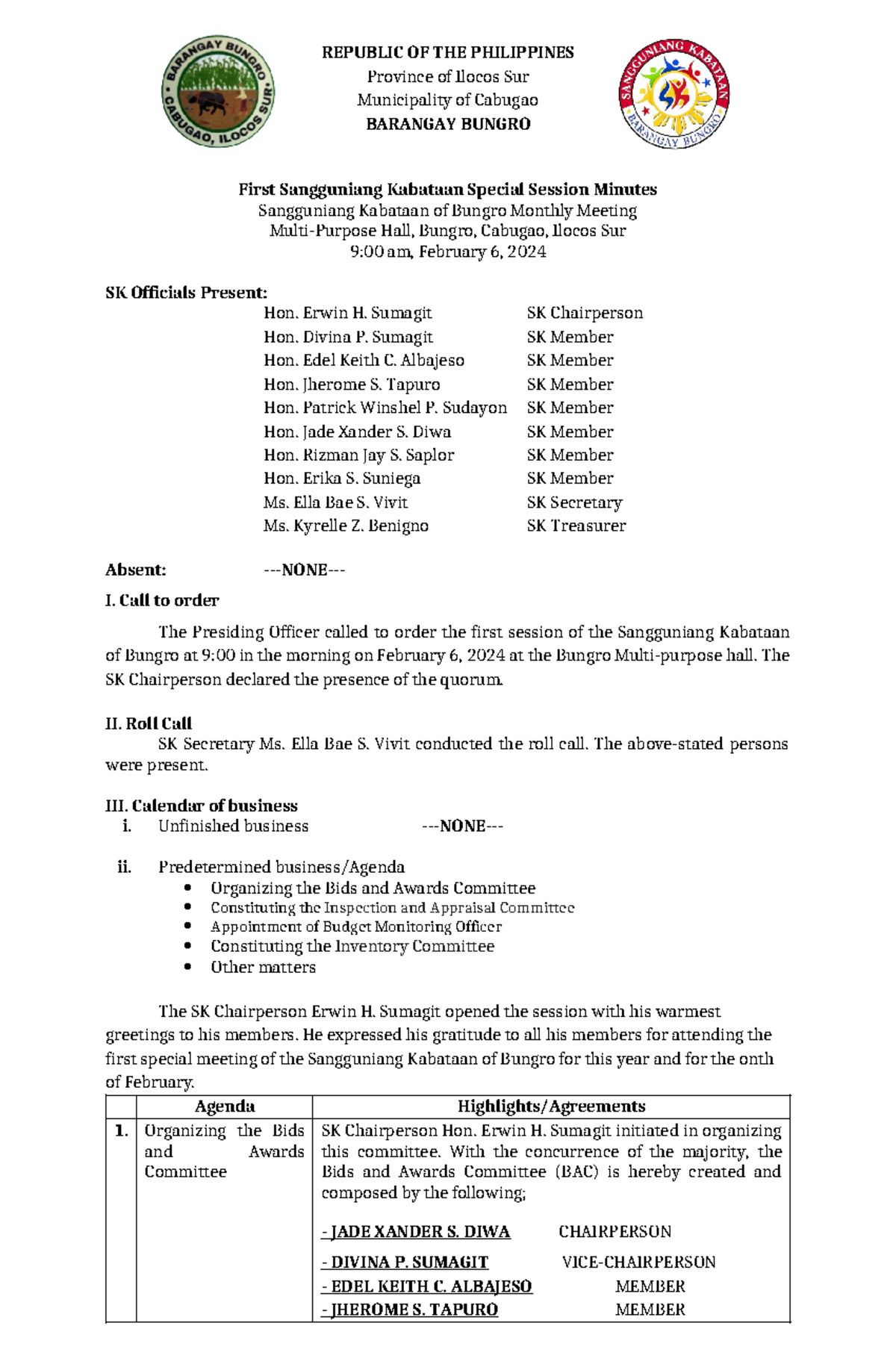 February 2024 - Minutes of the Regular Meeting of Sangguniang Kabataan ...