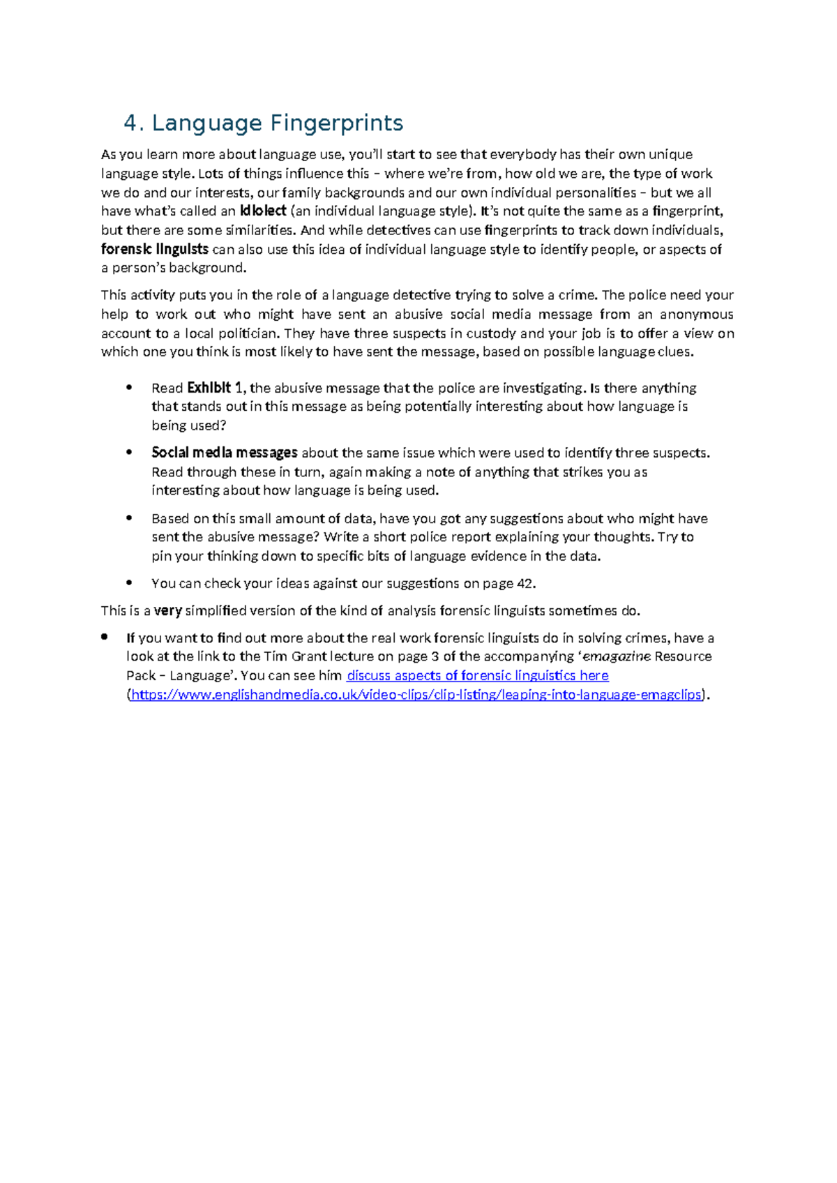 Activity 4: Language Fingerprints in Forensic Linguistics Analysis ...