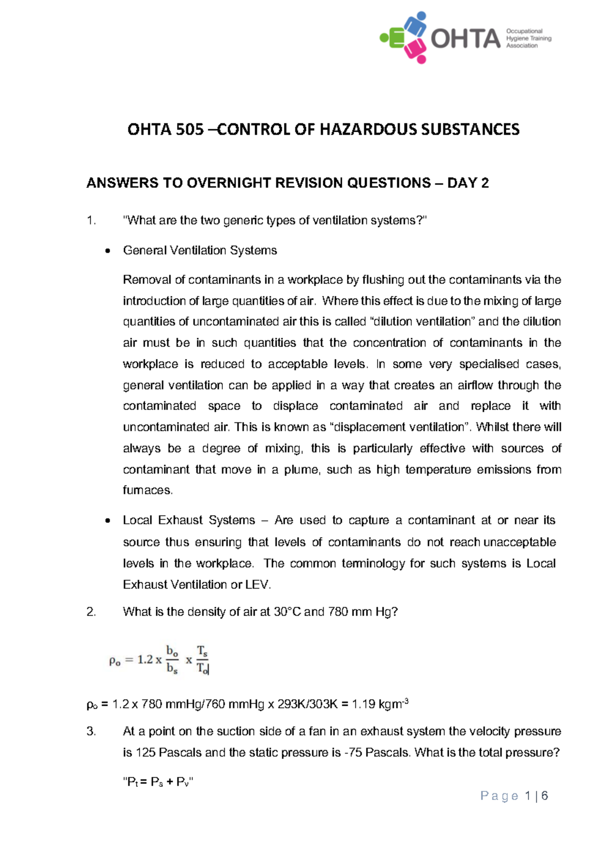 OHTA 505 Day 2 Revision: Answers to Ventilation System Questions - Studocu