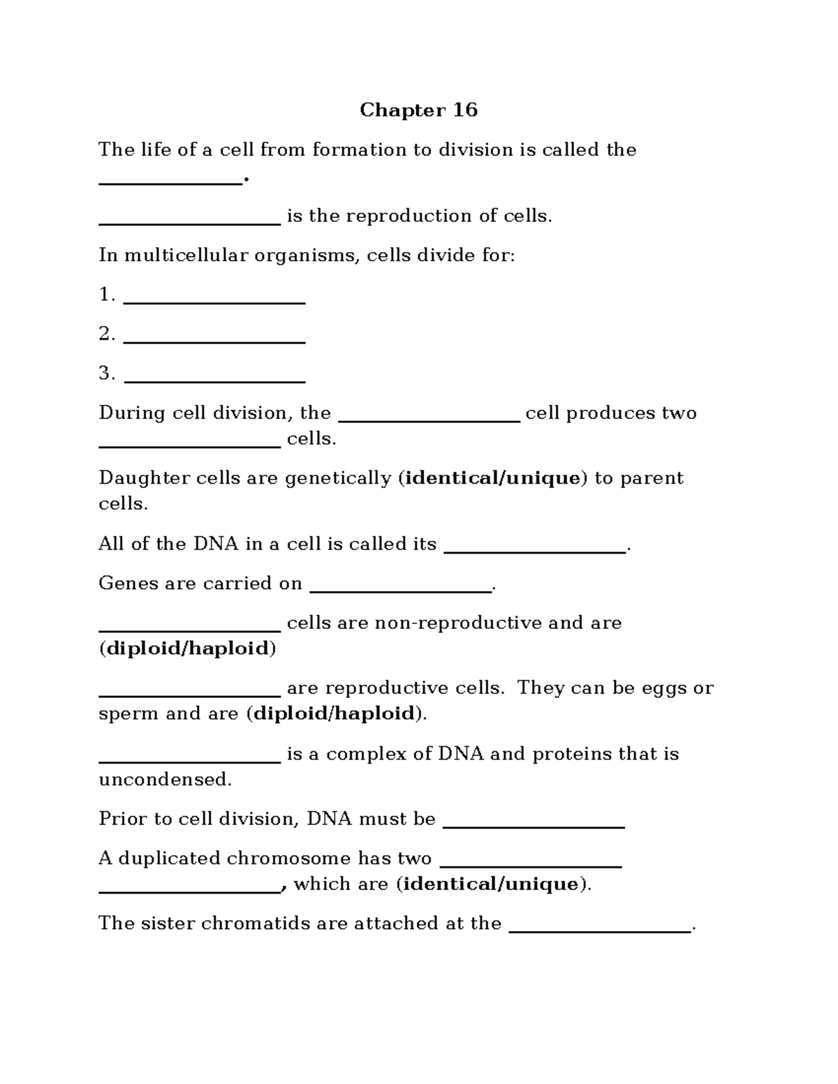 Brooker BIO 101 Chapter 16: Cell Life Cycle & Division Worksheet - Studocu