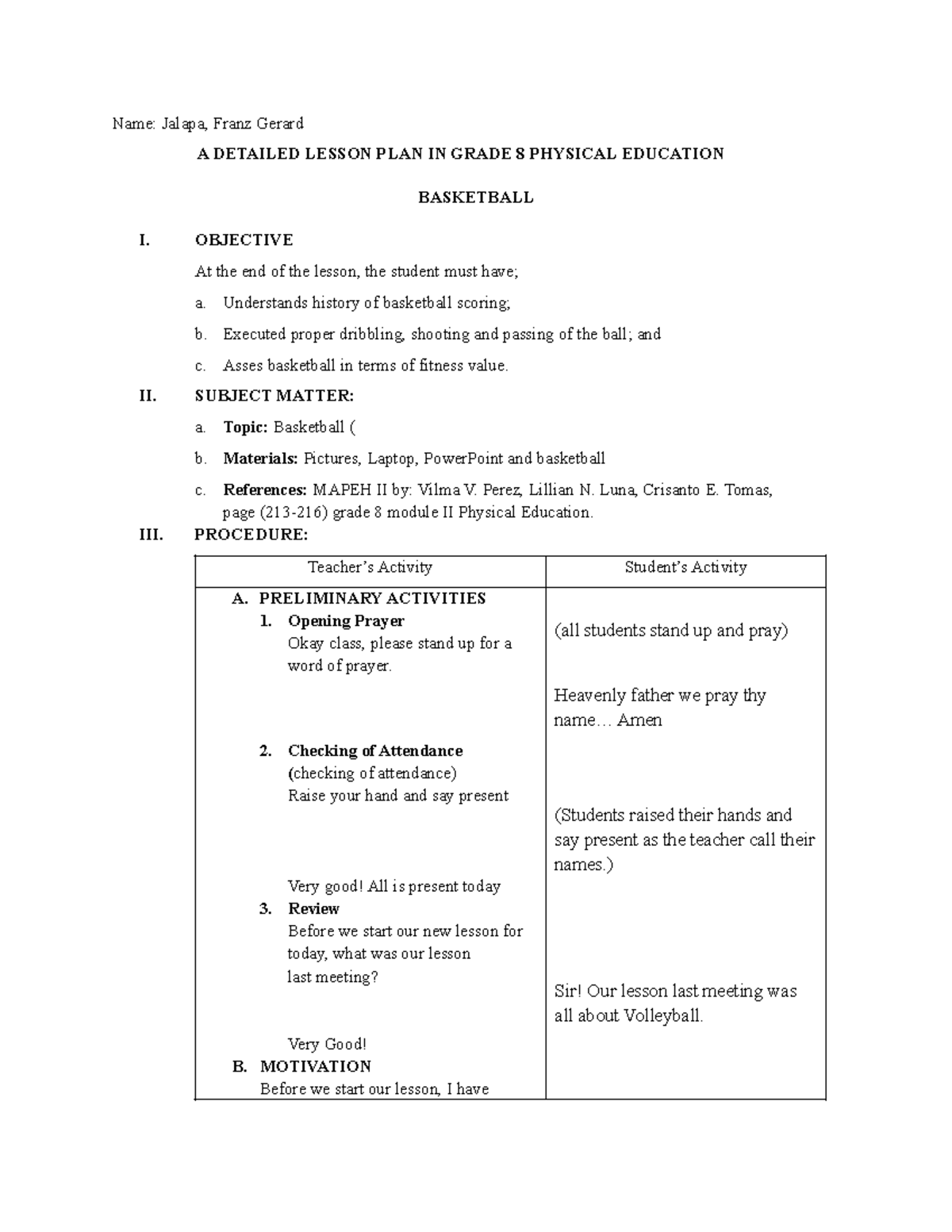 Grade 8 PE Lesson Plan: Basketball Skills & History Overview - Studocu