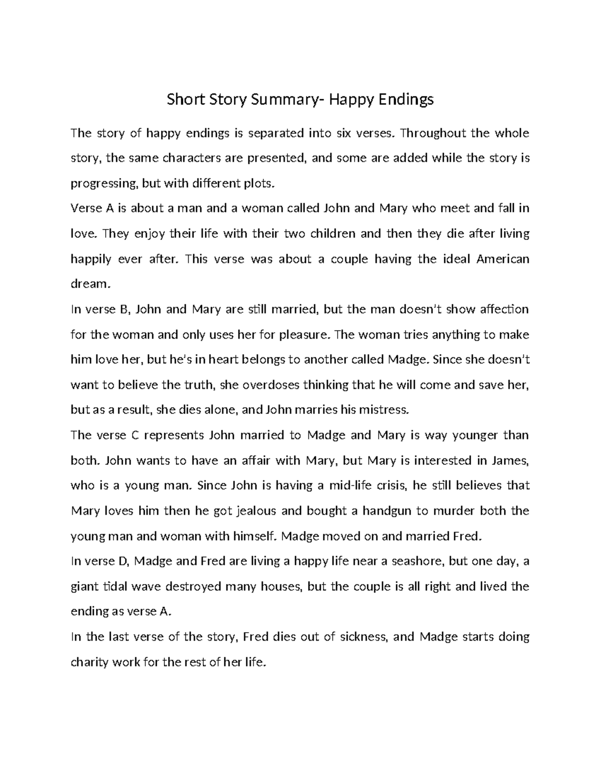 Summary of "Happy Endings" - A Short Story Analysis - Studocu