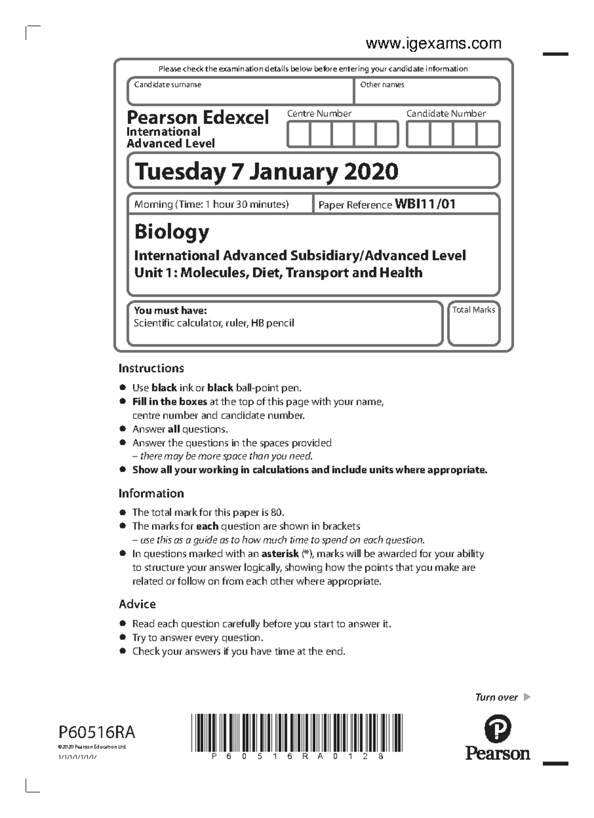 January 2020 QP - Edexcel A-level Biology Unit 1 Exam Details - Studocu