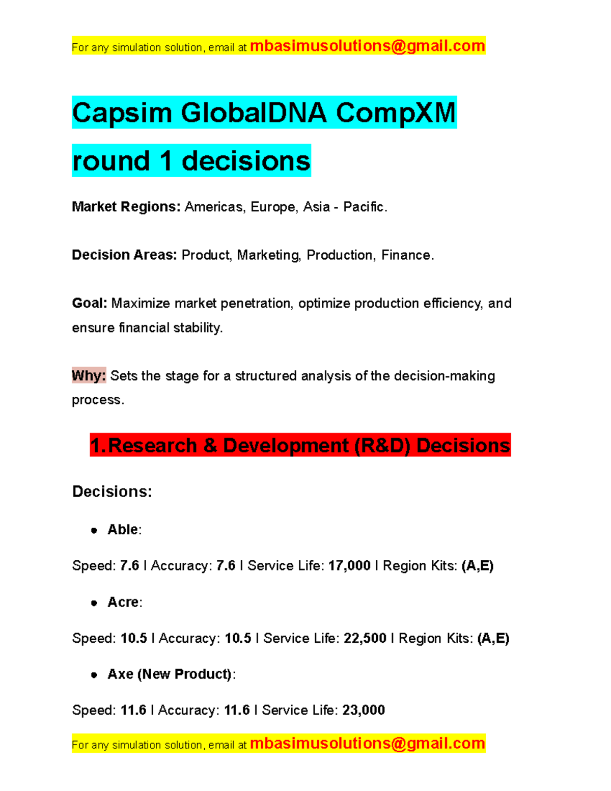 Capsim GlobalDNA CompXM Round 1 Decisions Analysis and Strategy - Studocu