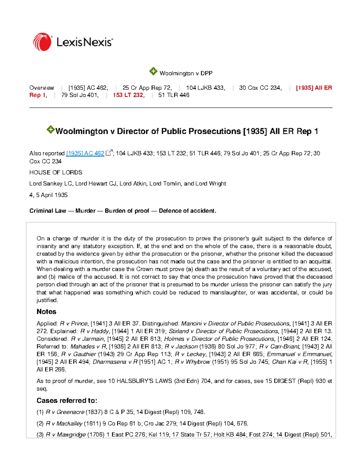 Woolmington v DPP Case Study: Burden of Proof in Murder Law - Studocu
