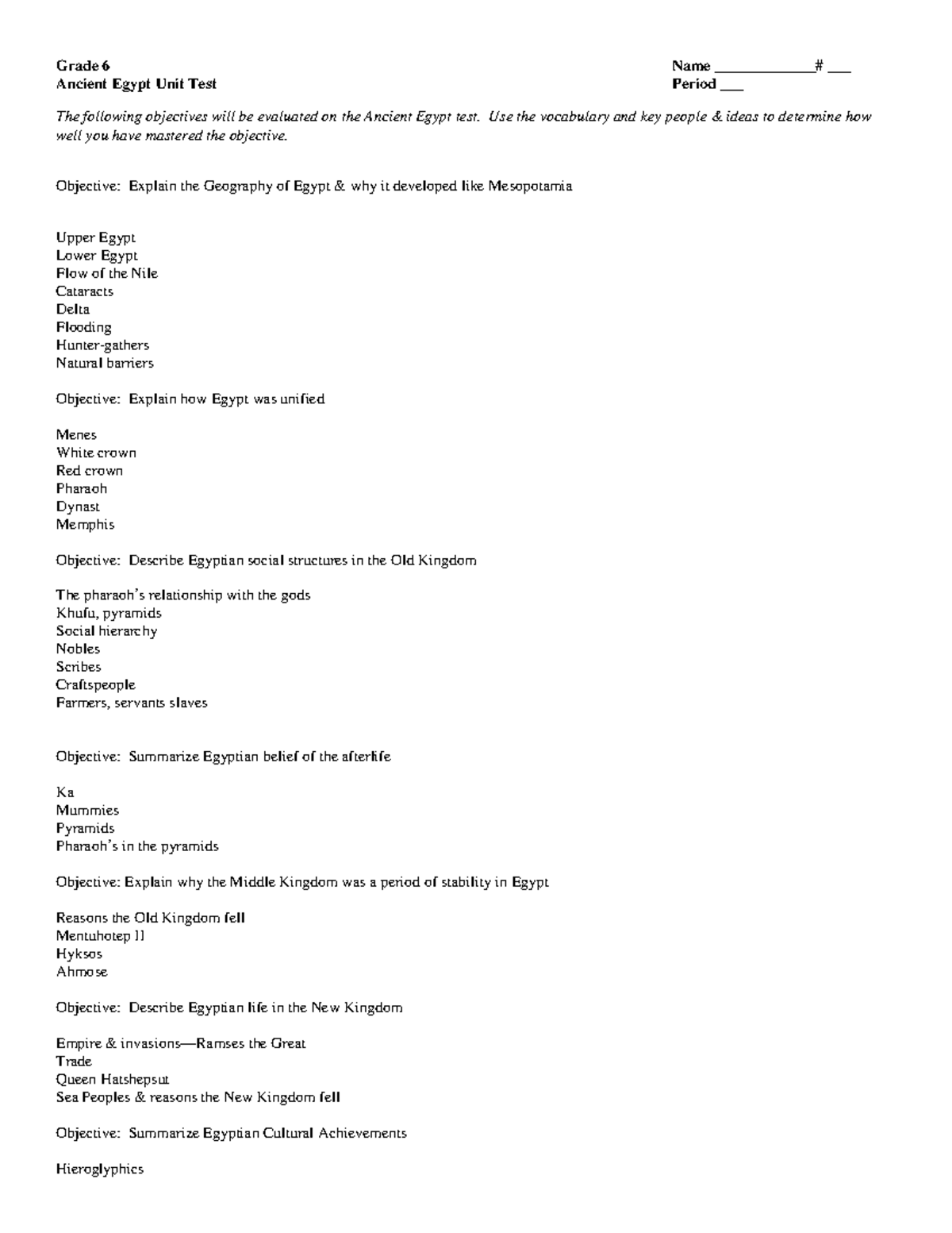 Grade 6 Ancient Egypt Unit Test Study Guide - Studocu