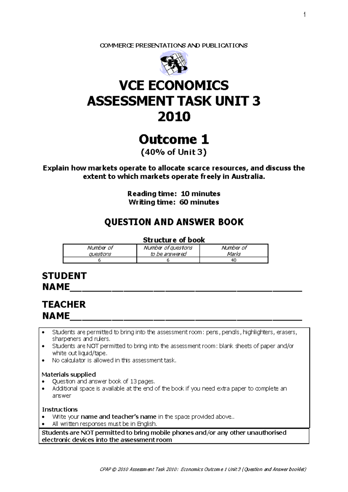 Outcome One Practice - prac sac unit 3 aos 1 - COMMERCE PRESENTATIONS ...