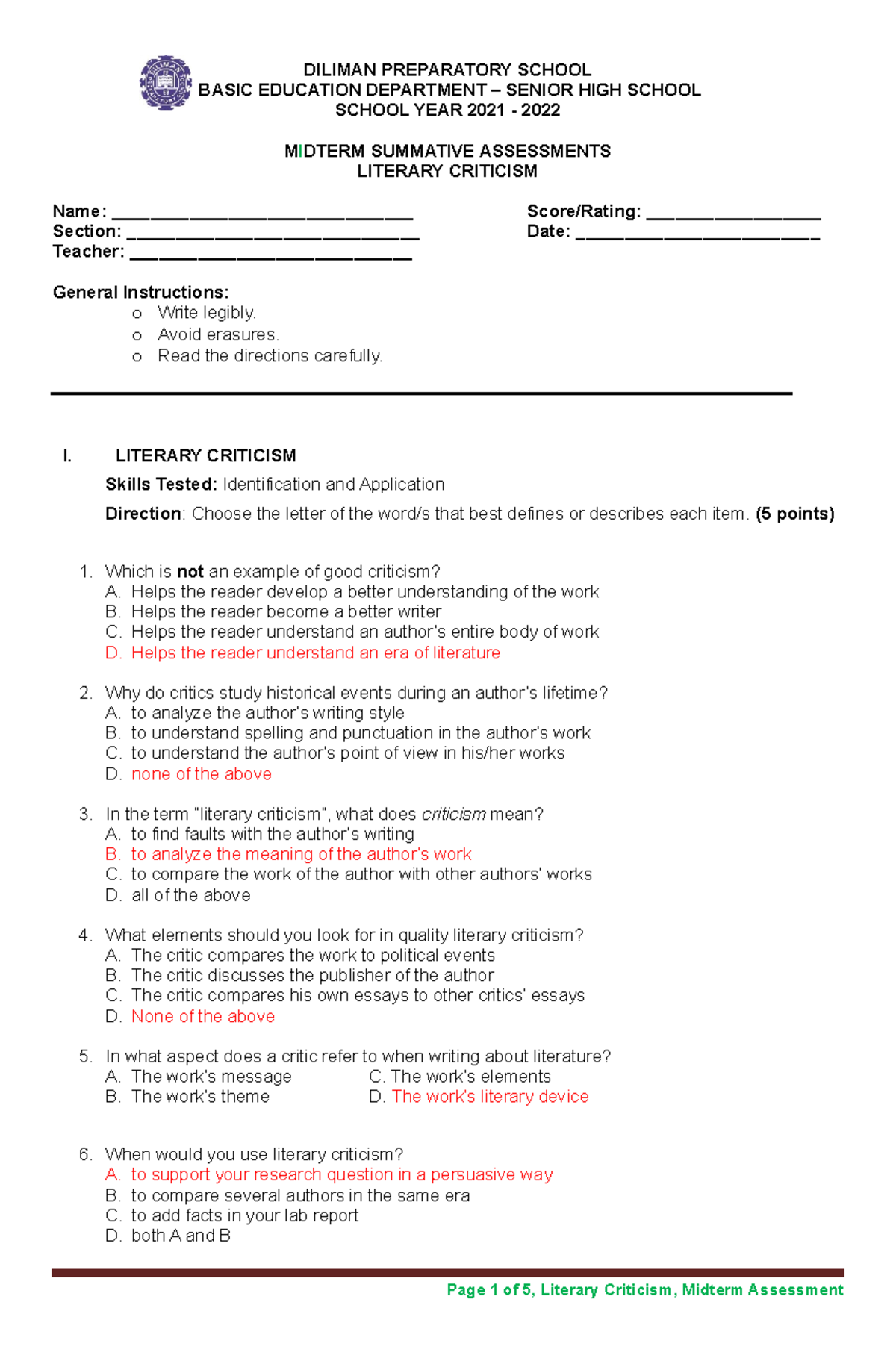 Literary Criticism Midterm Exam (2021-2022) - DILIMAN PREP SCHOOL - Studocu