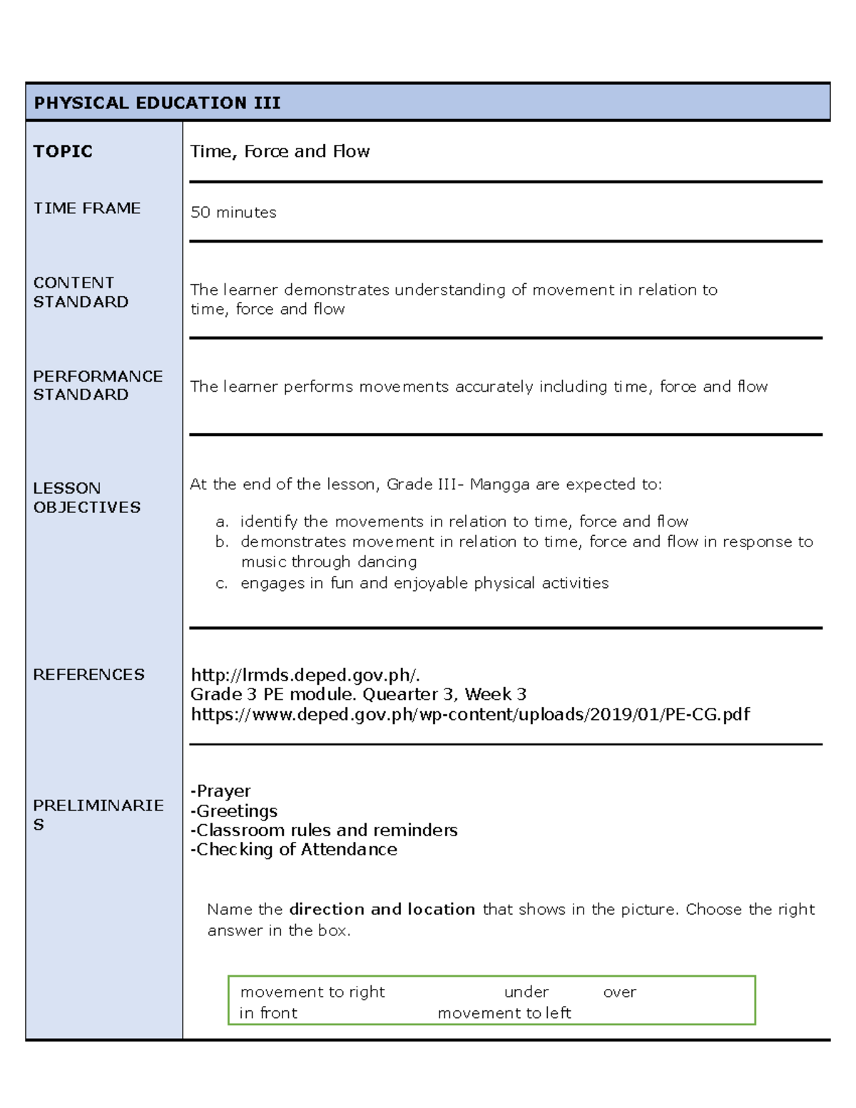 PE Lesson Plan - Grade III: Time, Force and Flow Activities - Studocu