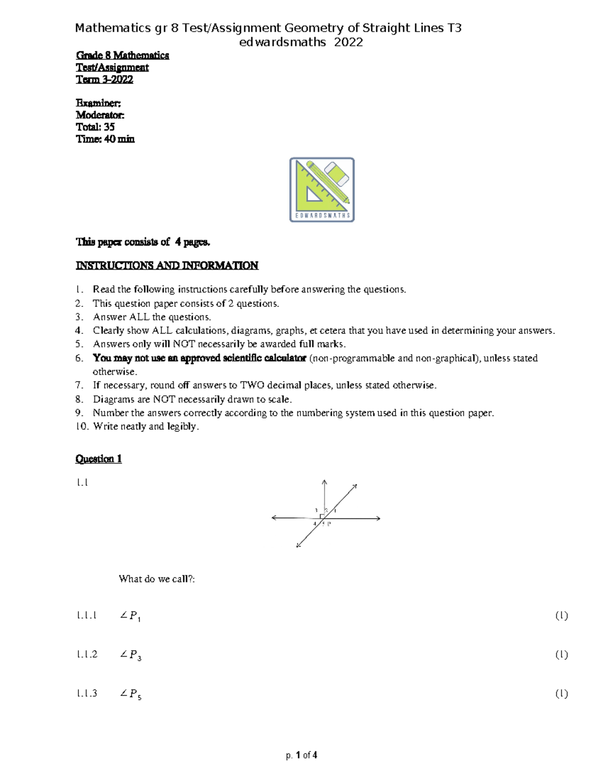 Gr 8 Edwards Maths Term 3 Geometry Test 2022 Eng - Studocu