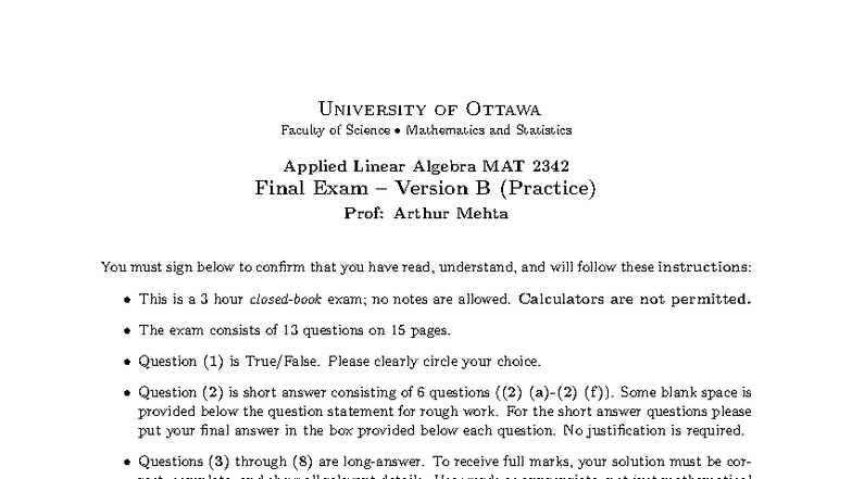 MAT 2342 Final Exam Version B (Practice) - Study Guide - Studocu