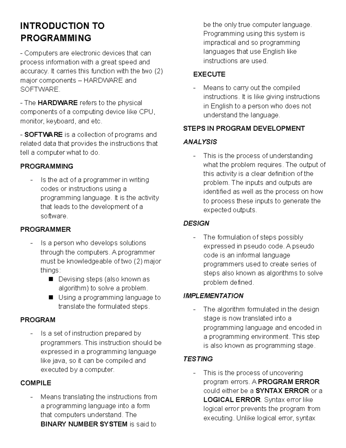 CS101: Comprehensive Programming Reviewer and Introduction to Java - Studocu