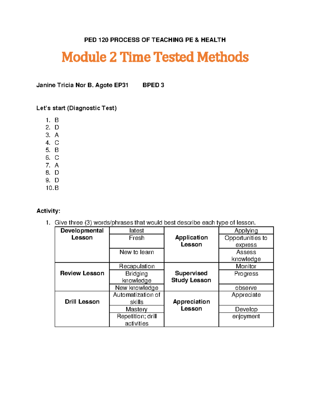 PED 120 Teaching Methods in PE & Health: Module 2 Insights - Studocu