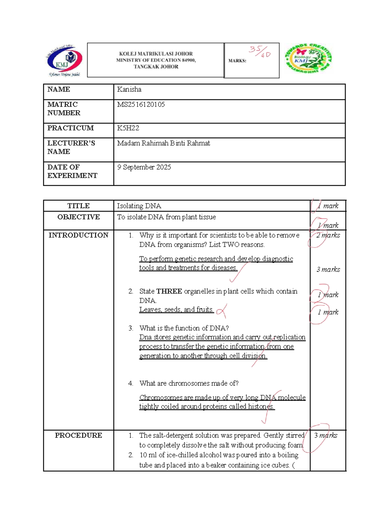 LAB Report EXP 6: Isolating DNA from Plant Tissues (Biology SB015 ...