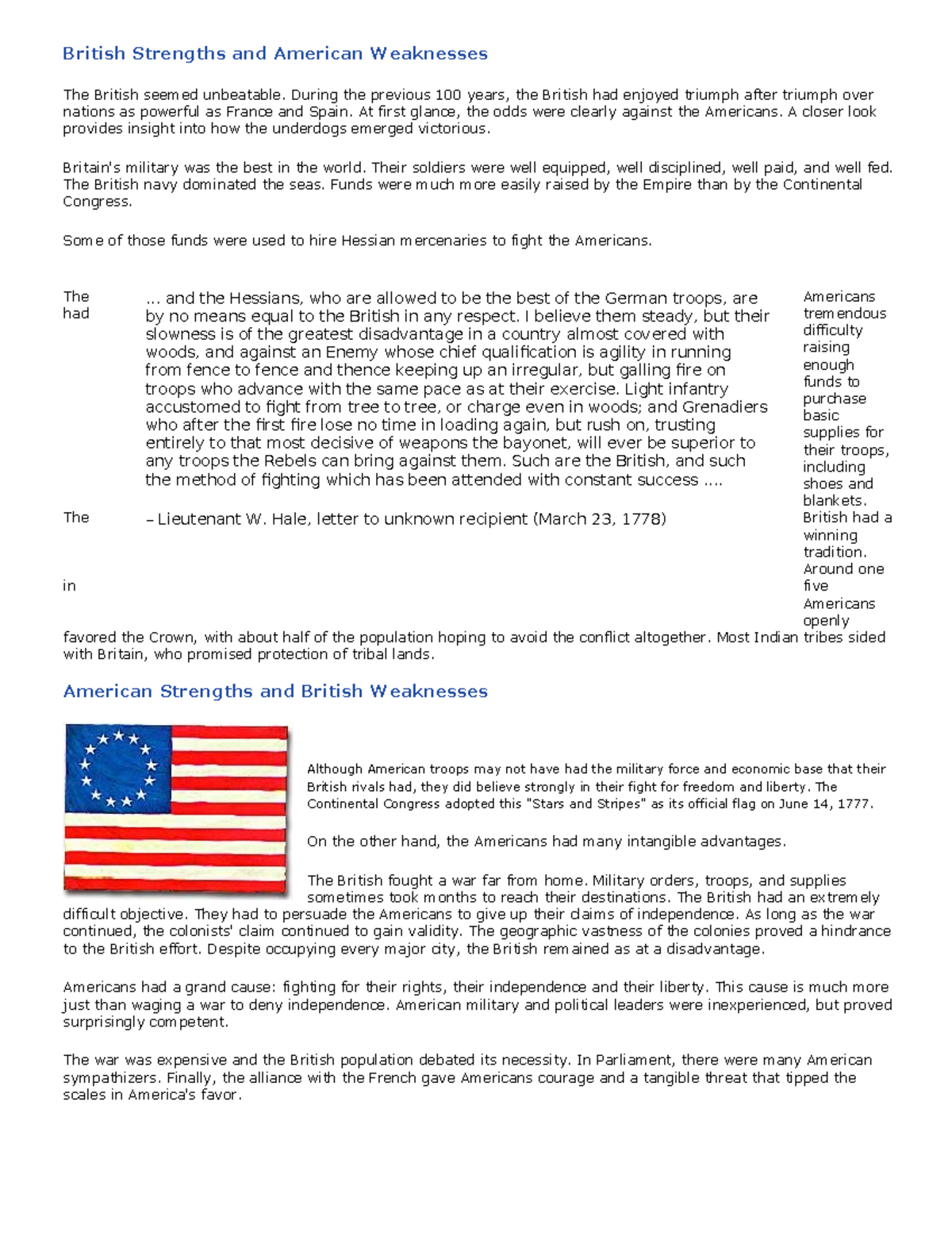 Analyzing British Strengths and American Weaknesses in the ...