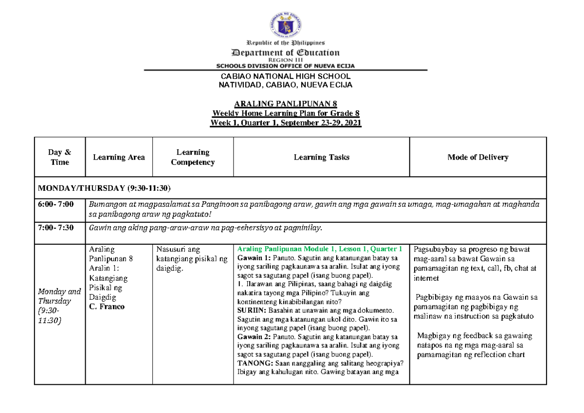 Q1-Grade 8-AP-WHLP-M1-Week 1 Learning Activities & Tasks - Studocu