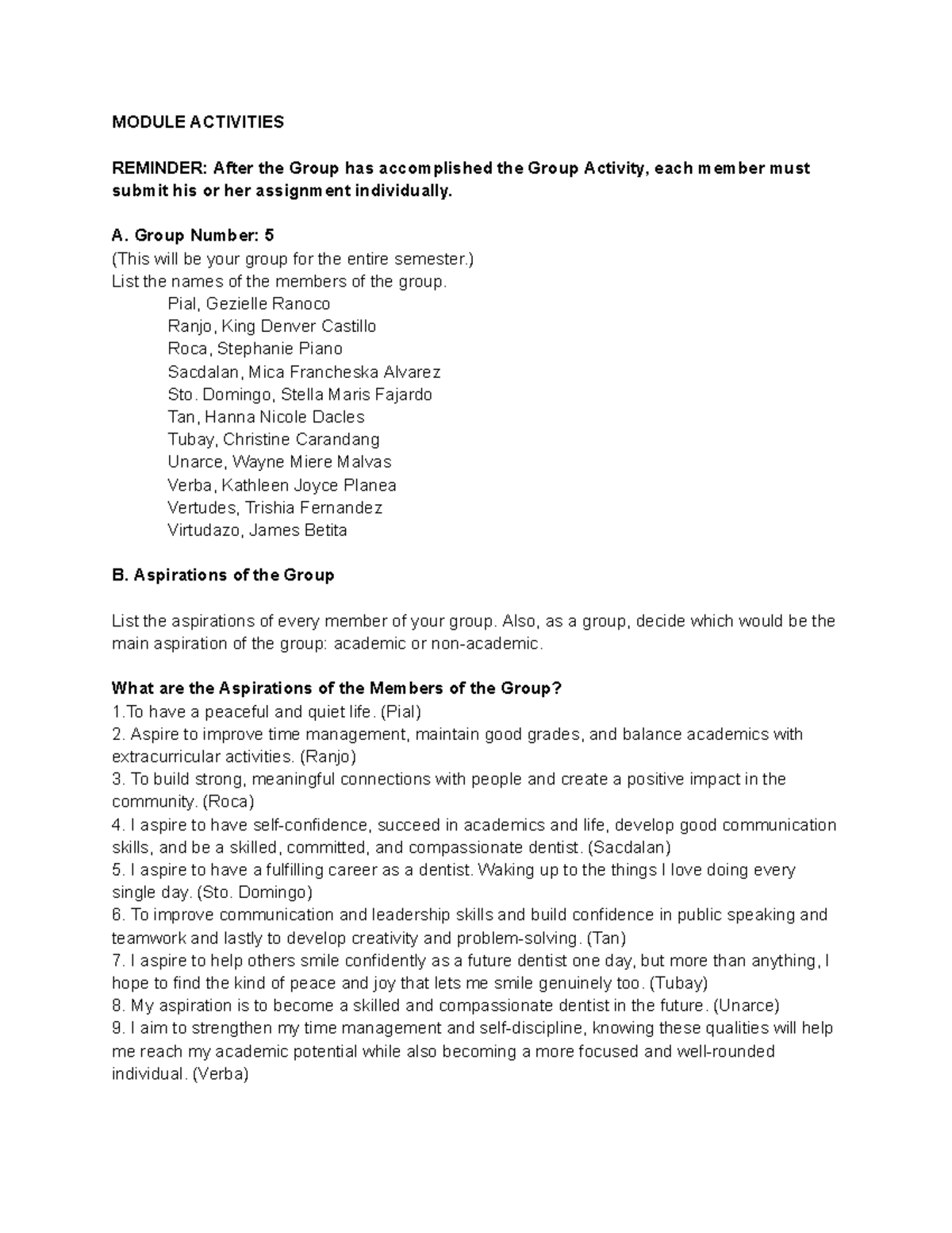 Group 5 - Activity: Aspirations, Strengths, and Weaknesses - Studocu